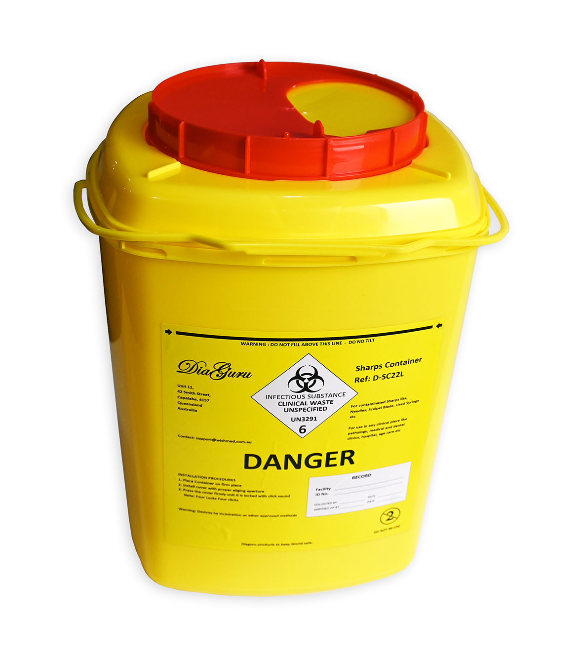 Diaguru Sharps Container 22L Yellow, 10/CTN - Wishmed